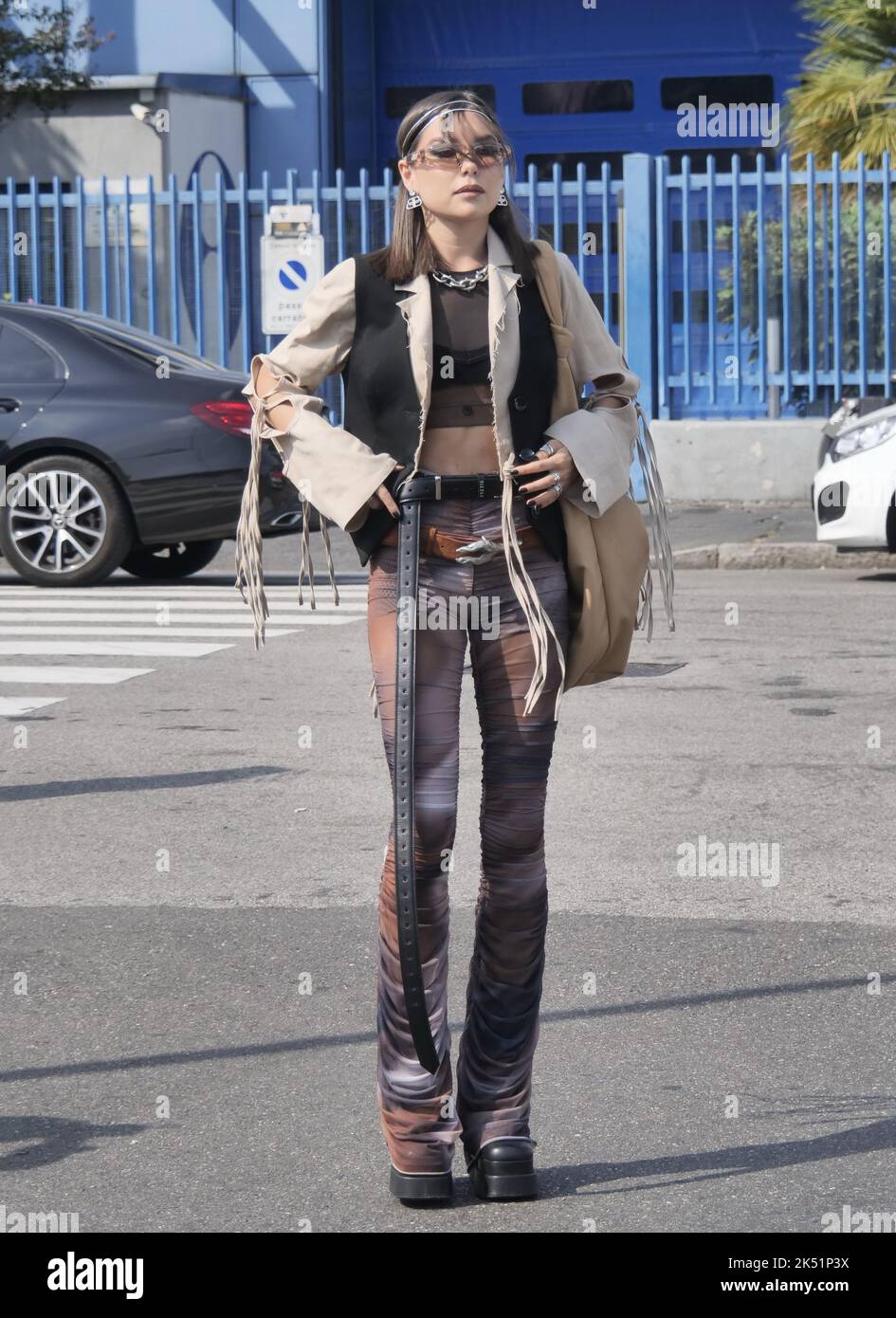 Karina Nigai street style outfit before Etro Fashion Show at Milan Fashion Week spring /summer ...