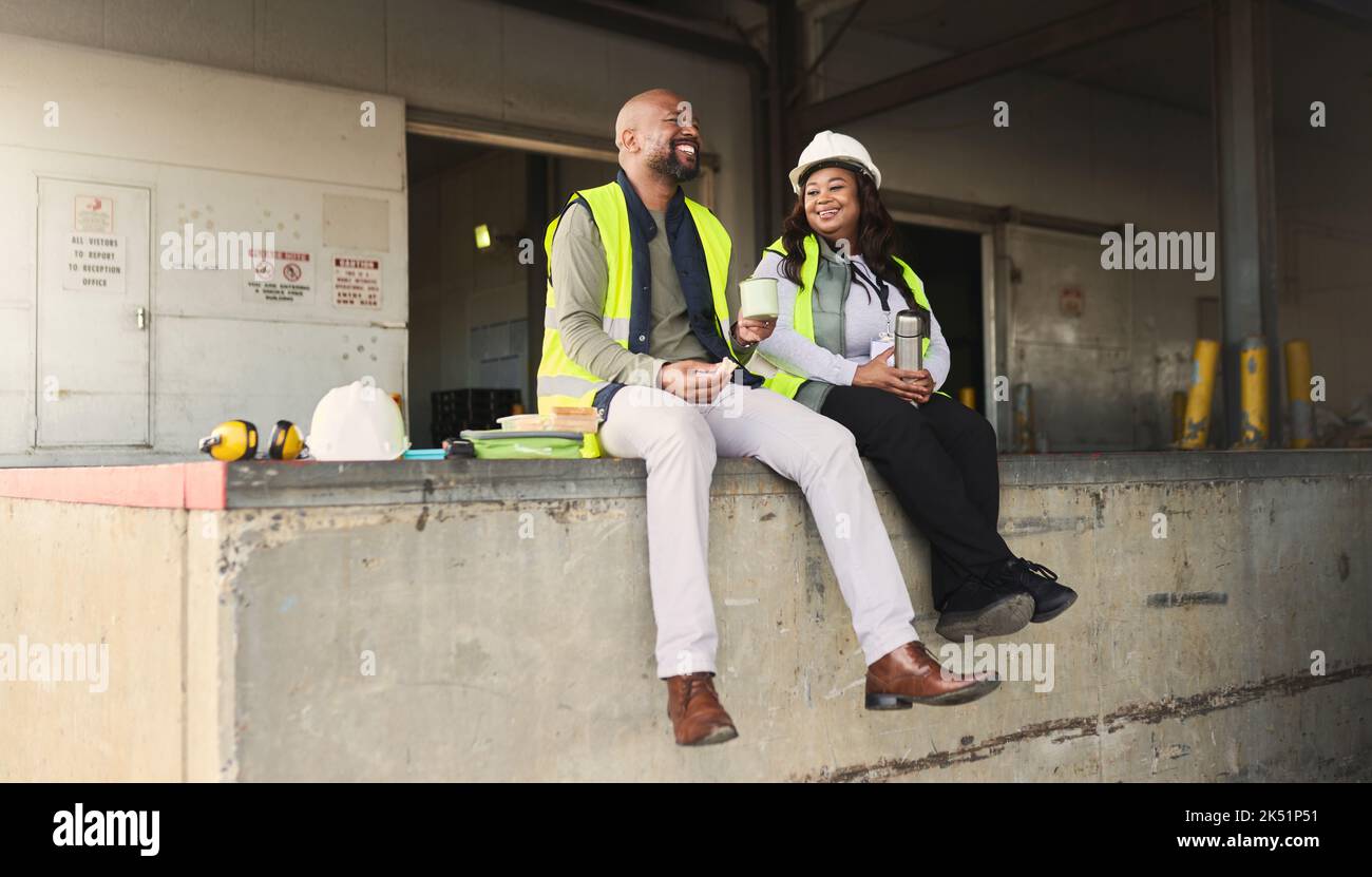 Business people, logistics, and lunch break at work site relaxing ...