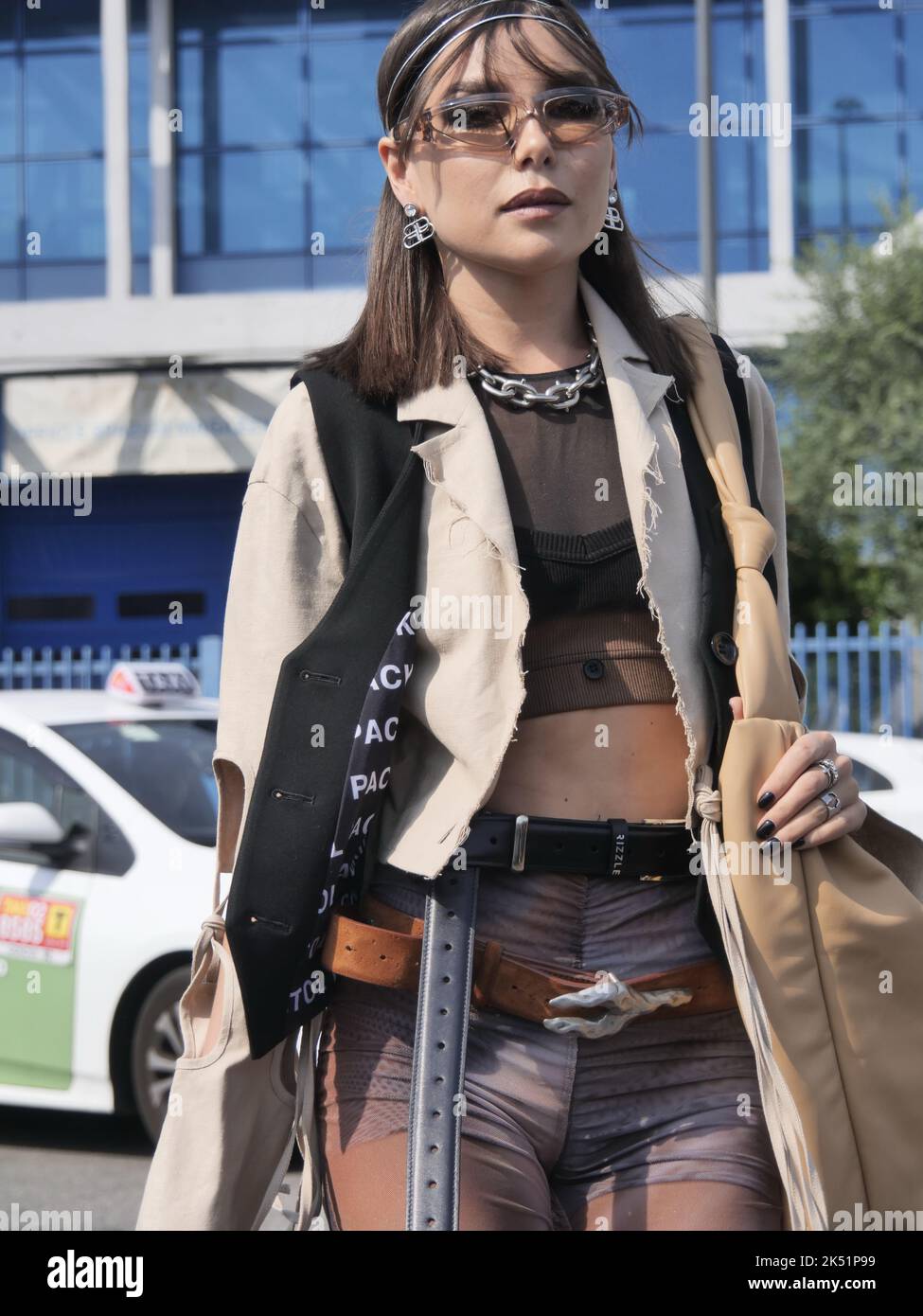 Karina Nigai street style outfit before Etro Fashion Show at Milan Fashion Week spring /summer ...