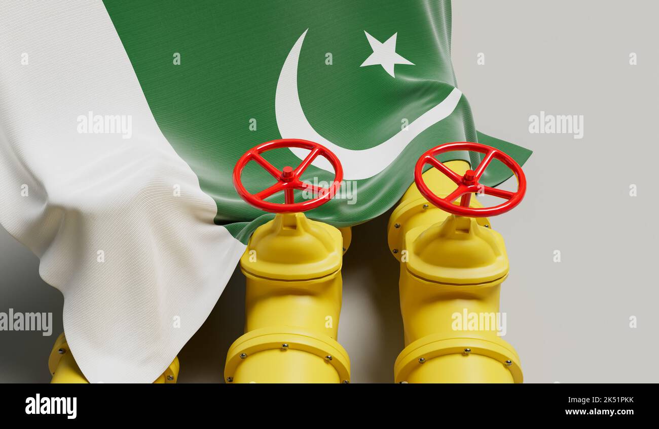 Pakistan flag covering an oil and gas fuel pipe line. Oil industry ...