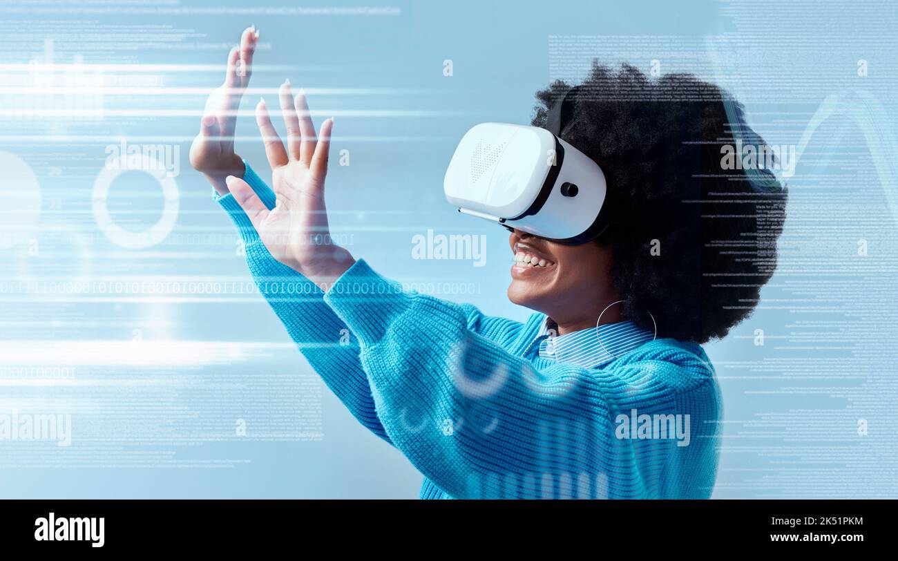 Black woman using virtual reality, technology and futuristic 3d tech ...