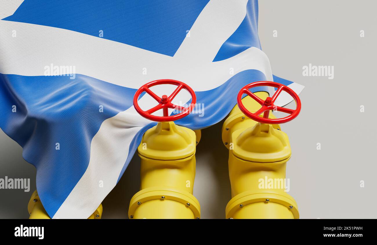 Scotland flag covering an oil and gas fuel pipe line. Oil industry ...