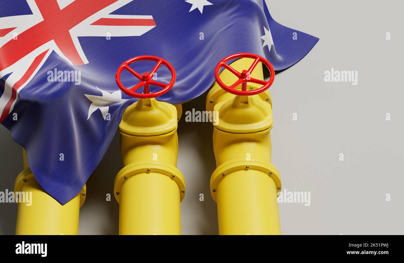 Australia flag covering an oil and gas fuel pipe line. Oil industry ...