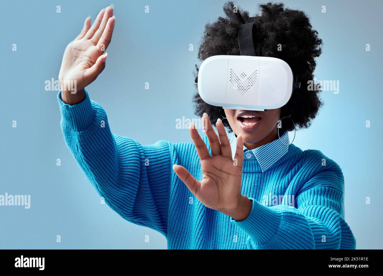 3d virtual reality, technology and futuristic connection to internet. Black woman with vr ...