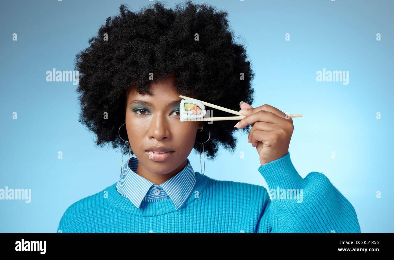 Sushi, salmon and black woman or fish in studio commercial mockup for ...