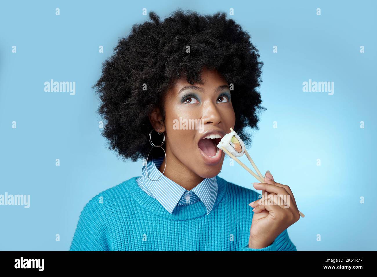 Sushi, seafood and black woman with smile for seafood from Japan ...