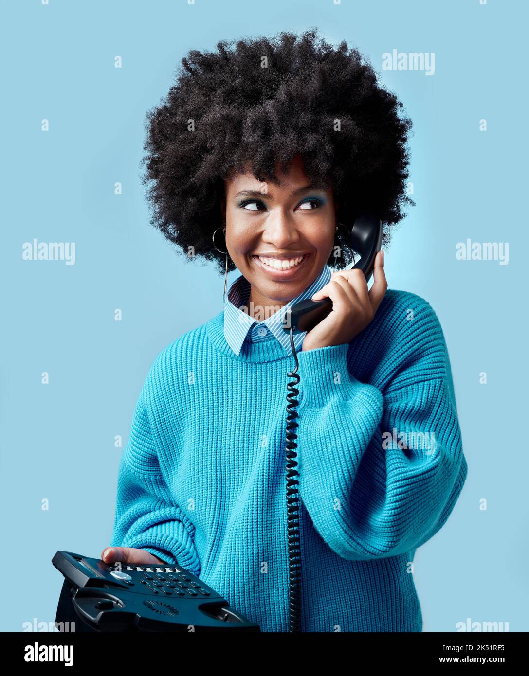 Landline, communication and black woman talking on a telephone against ...