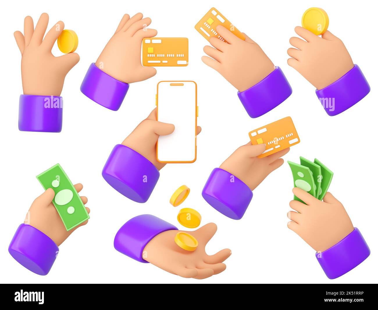 3d Human hands holding different king of money. Banknote, coin and ...