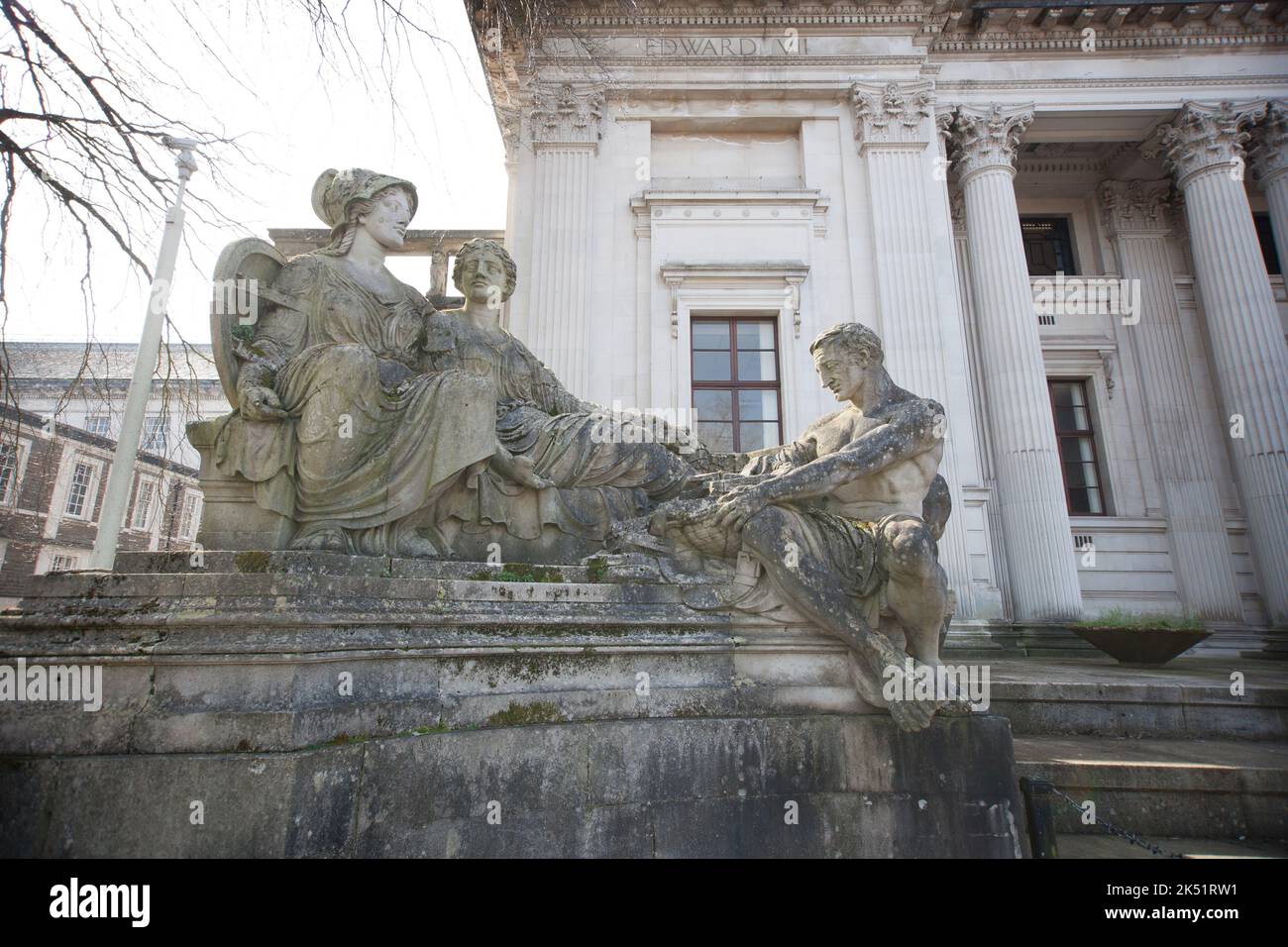 A statue outside the Glamorgan Building, Cardiff University, Wales in ...