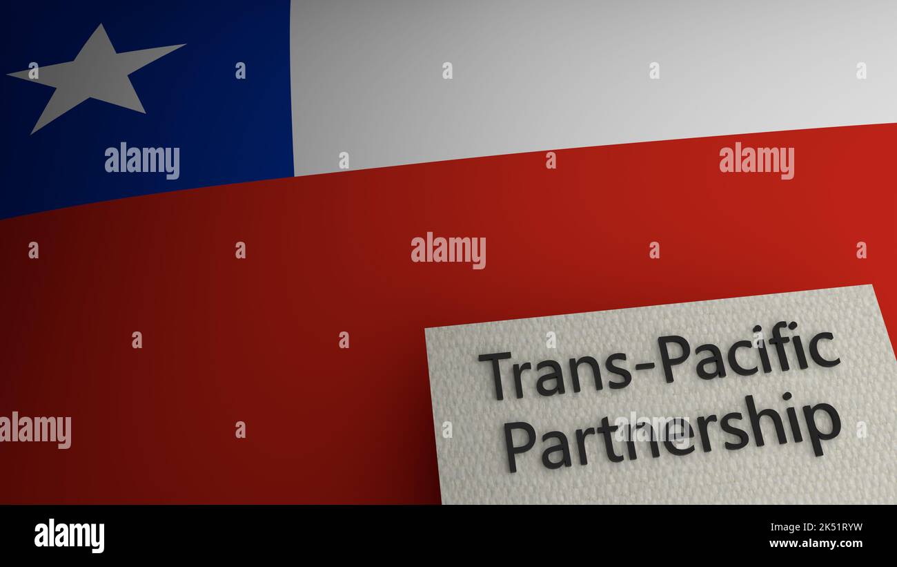 Trans-Pacific partnership agreement text representation above the flag ...