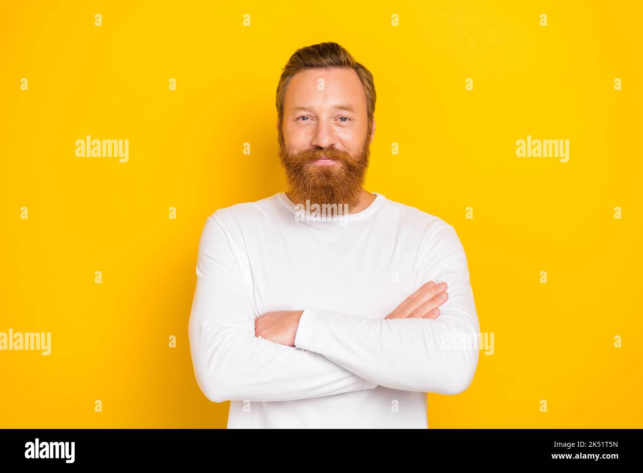 Photo of smiling experienced redhair expert guy wear white shirt ...