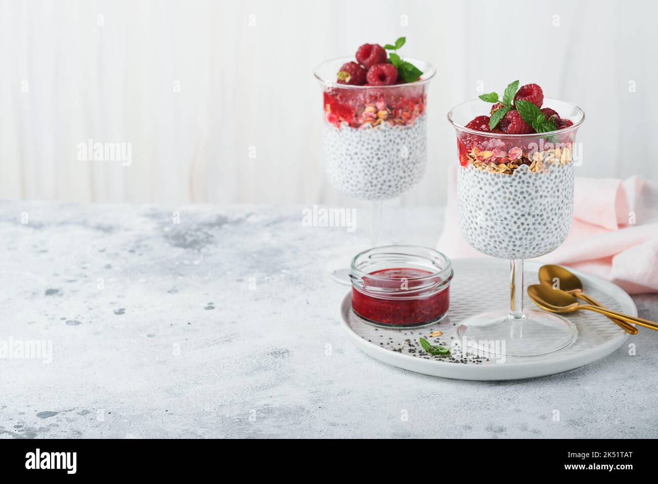 Chia pudding. Healthy vanilla chia pudding in glass with fresh ...
