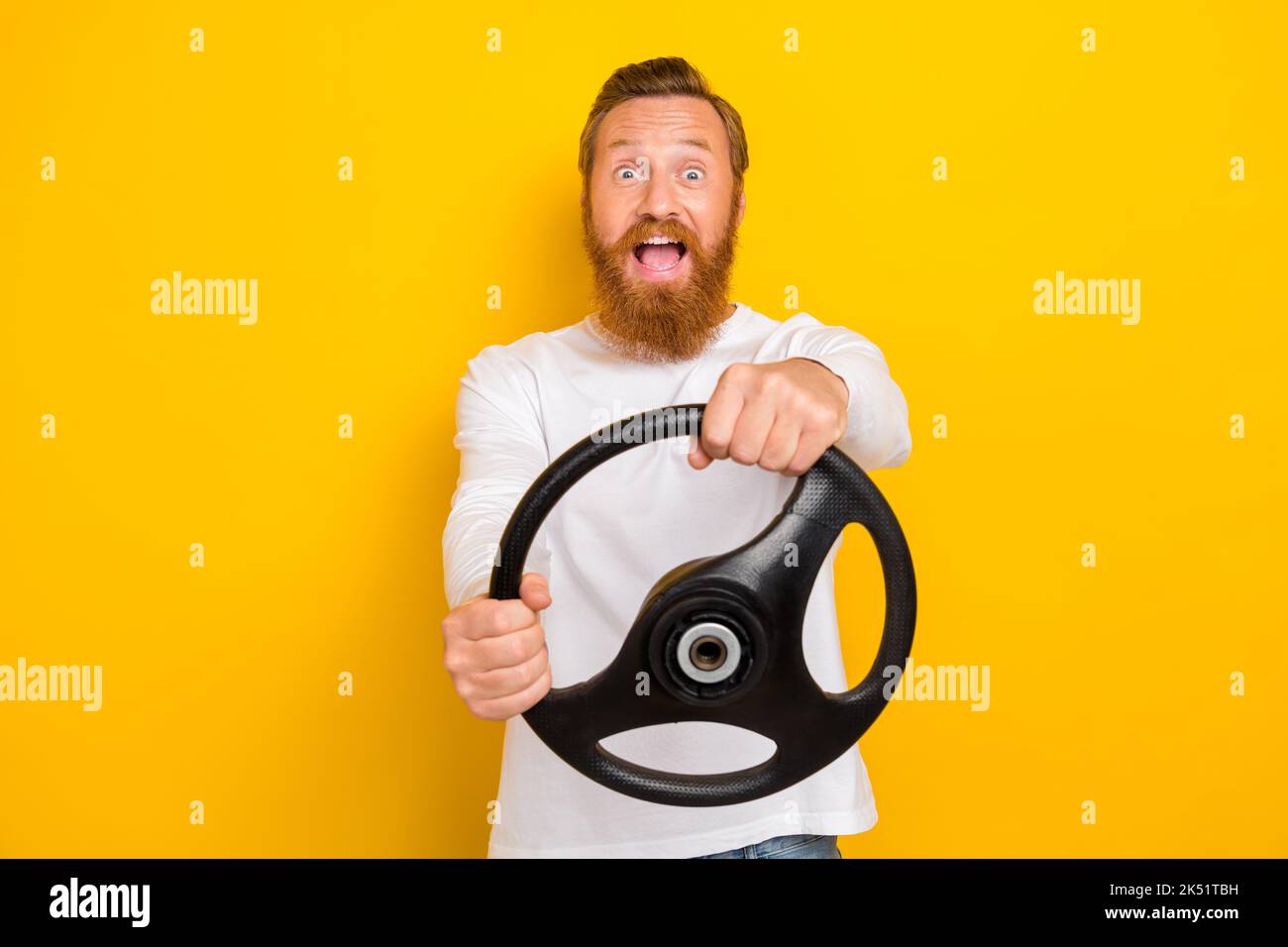 Photo of satisfied man new owner driver enjoy good road repaired car ...