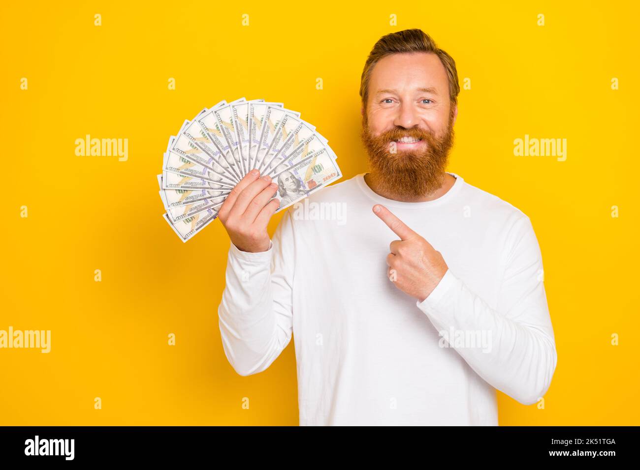 Portrait of positive successful man indicate finger arm hold dollar ...