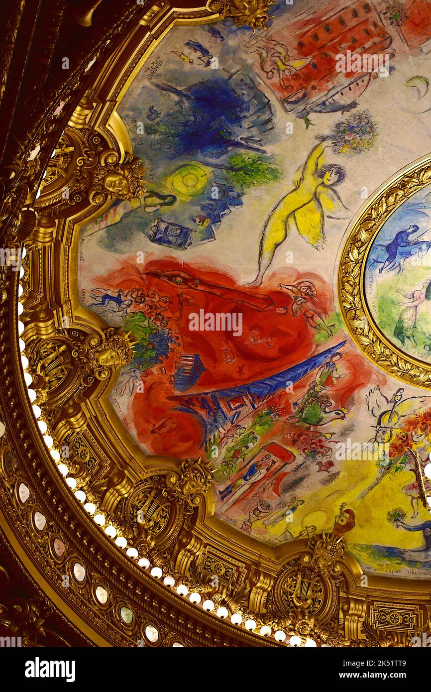Opera Garnier or Palais Garnier interior. 1964 Marc Chagall ceiling paintings. Paris, France. 15 ...