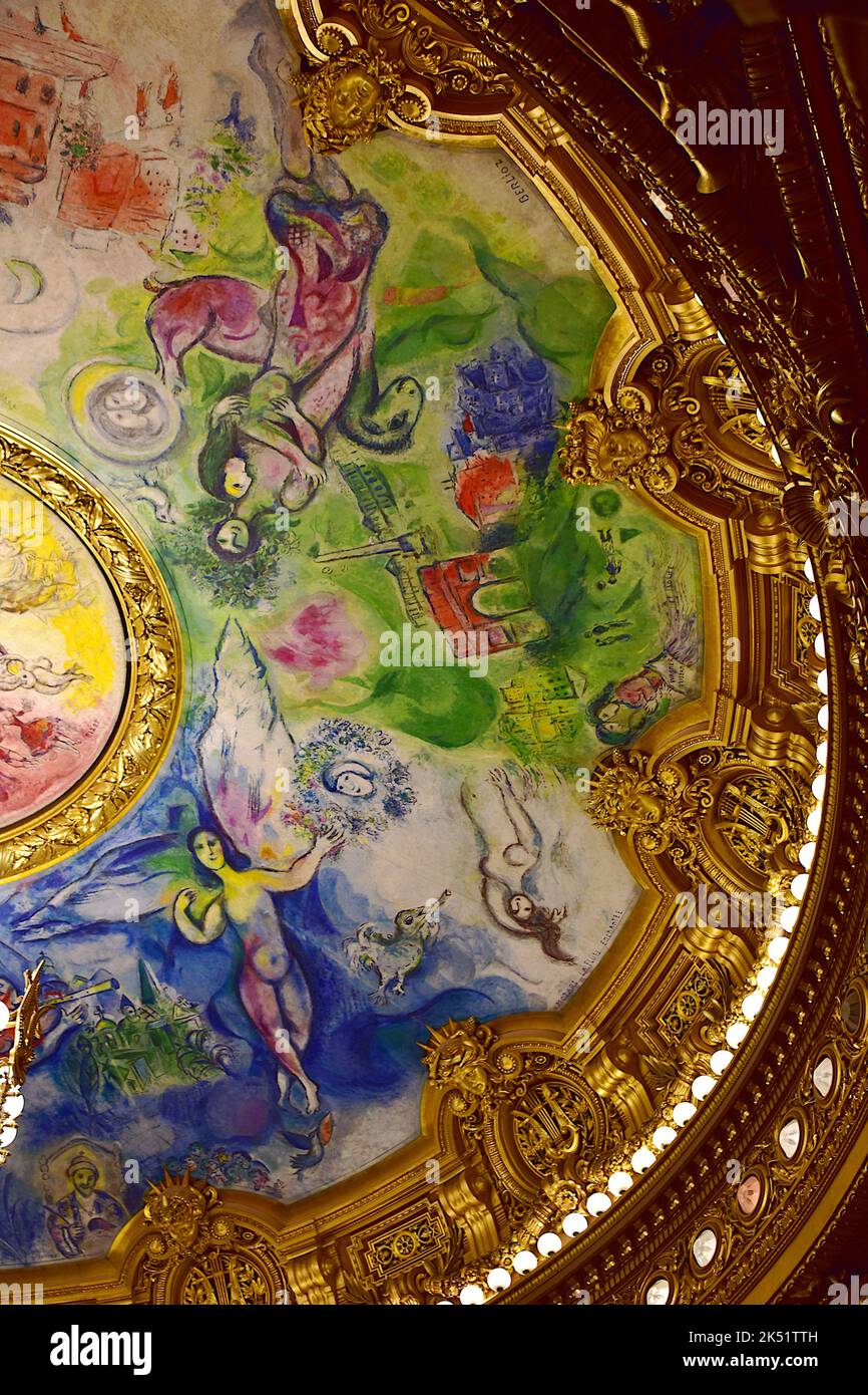 Opera Garnier or Palais Garnier interior. 1964 Marc Chagall ceiling paintings. Paris, France. 15 ...