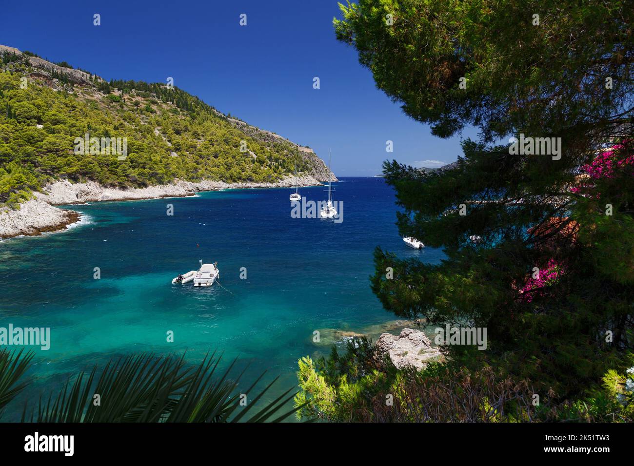 A view at green, blue bay of Asos village, greek nature and turquoise ...