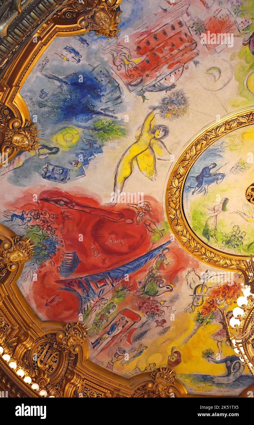 Opera Garnier or Palais Garnier interior. 1964 Marc Chagall ceiling paintings. Paris, France. 15 ...
