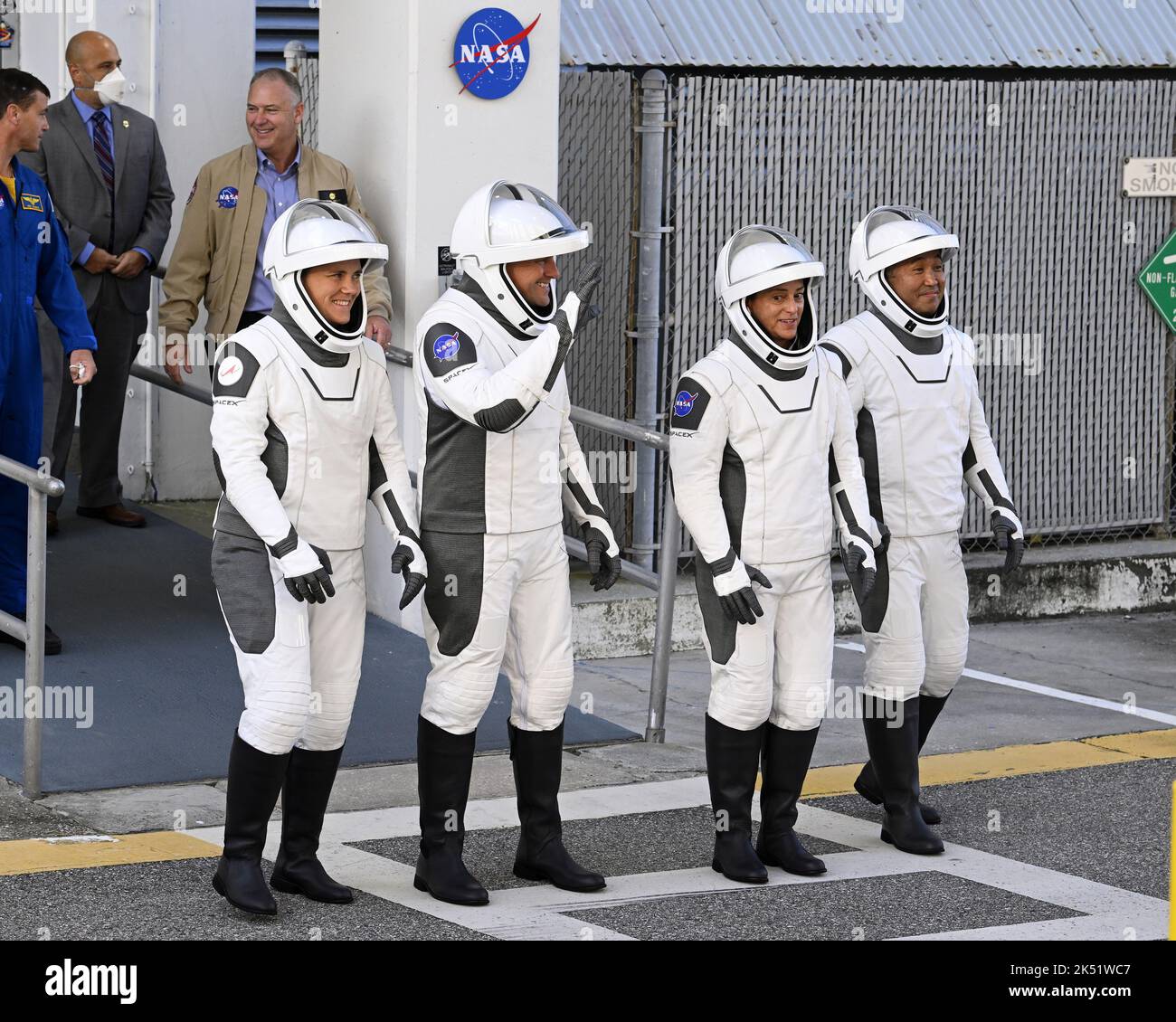 SpaceX NASA Crew-5 members Anna Kikina, Josh Cassada, Nicole Mann and Koichi Wakata ( l/r) wave ...