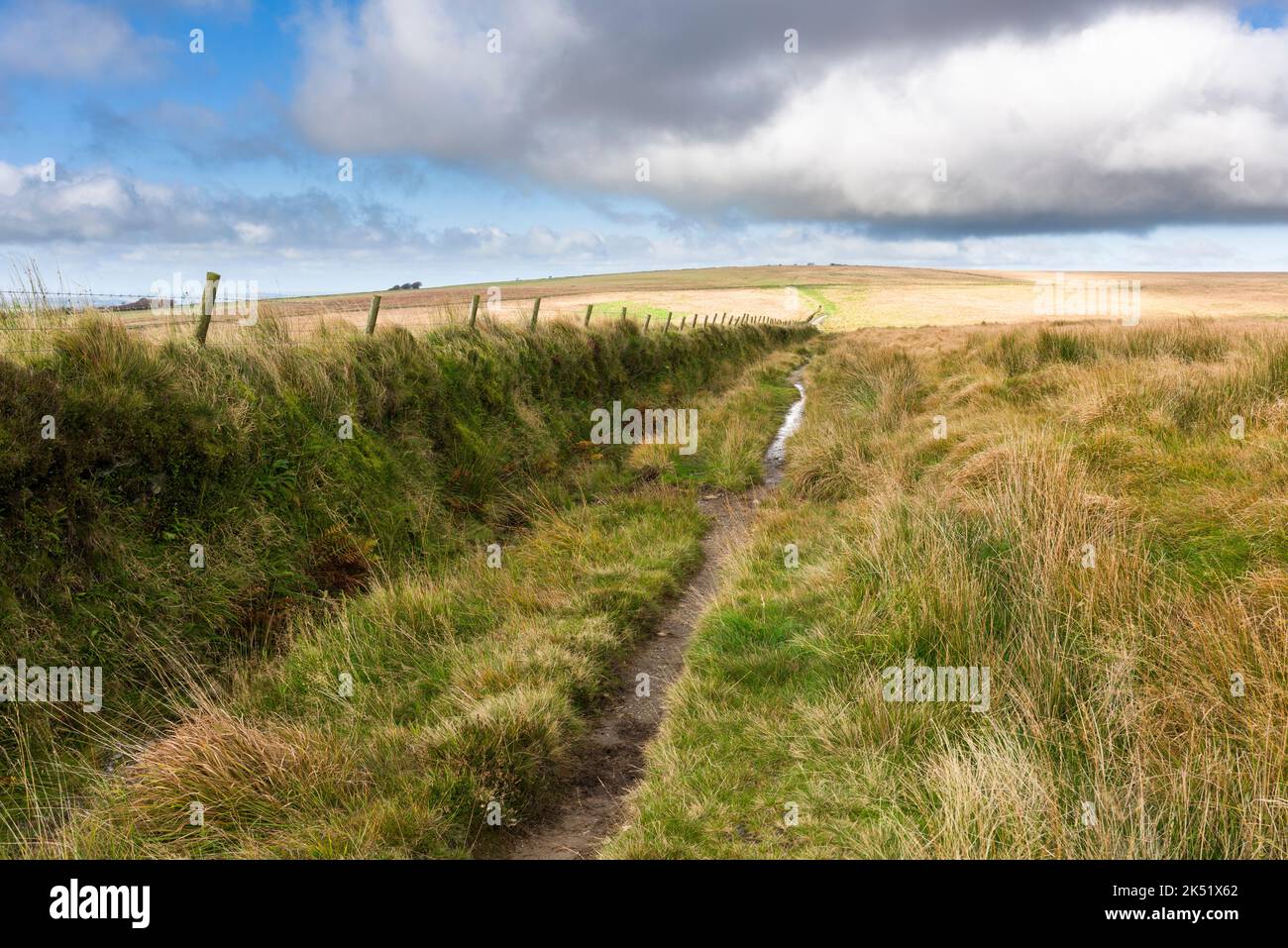 The Tarka Trail path running alongside a barbed wire fenced earth bank ...