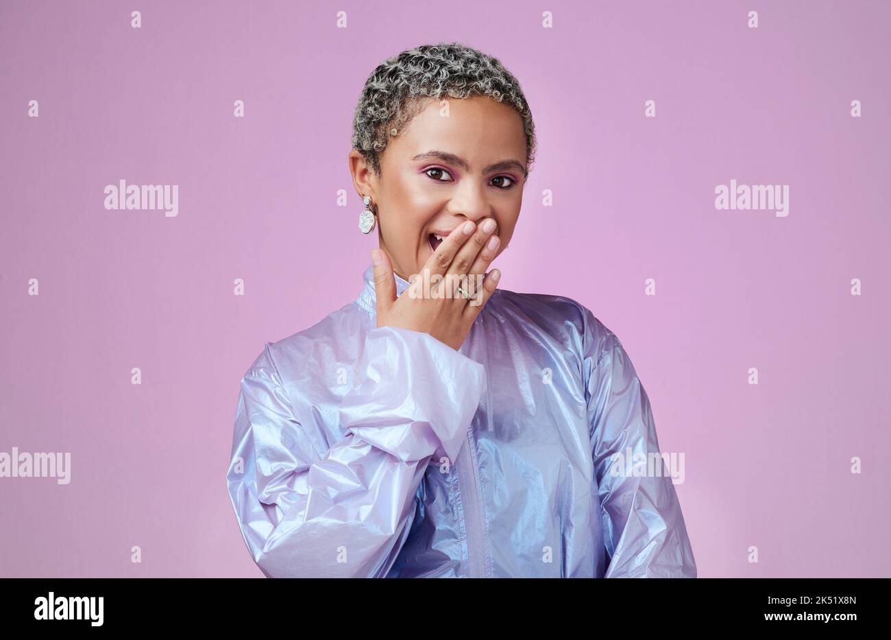 Happy, black woman and secret portrait with studio pink background with ...