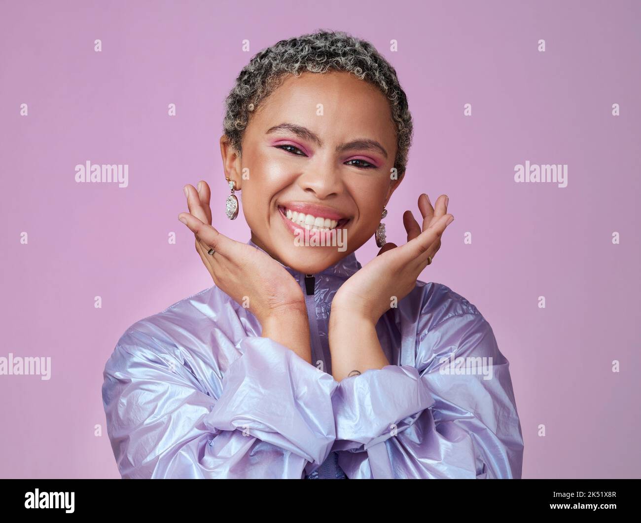 Black woman, happy portrait and neon fashion, unique makeup and retro ...