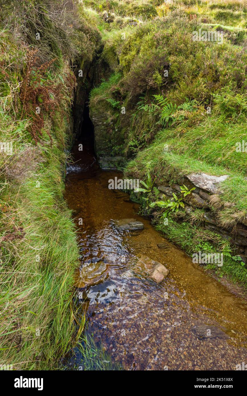 The overflow in the earth dam of Pinkery Pond, or Pinkworthy Pond, at ...