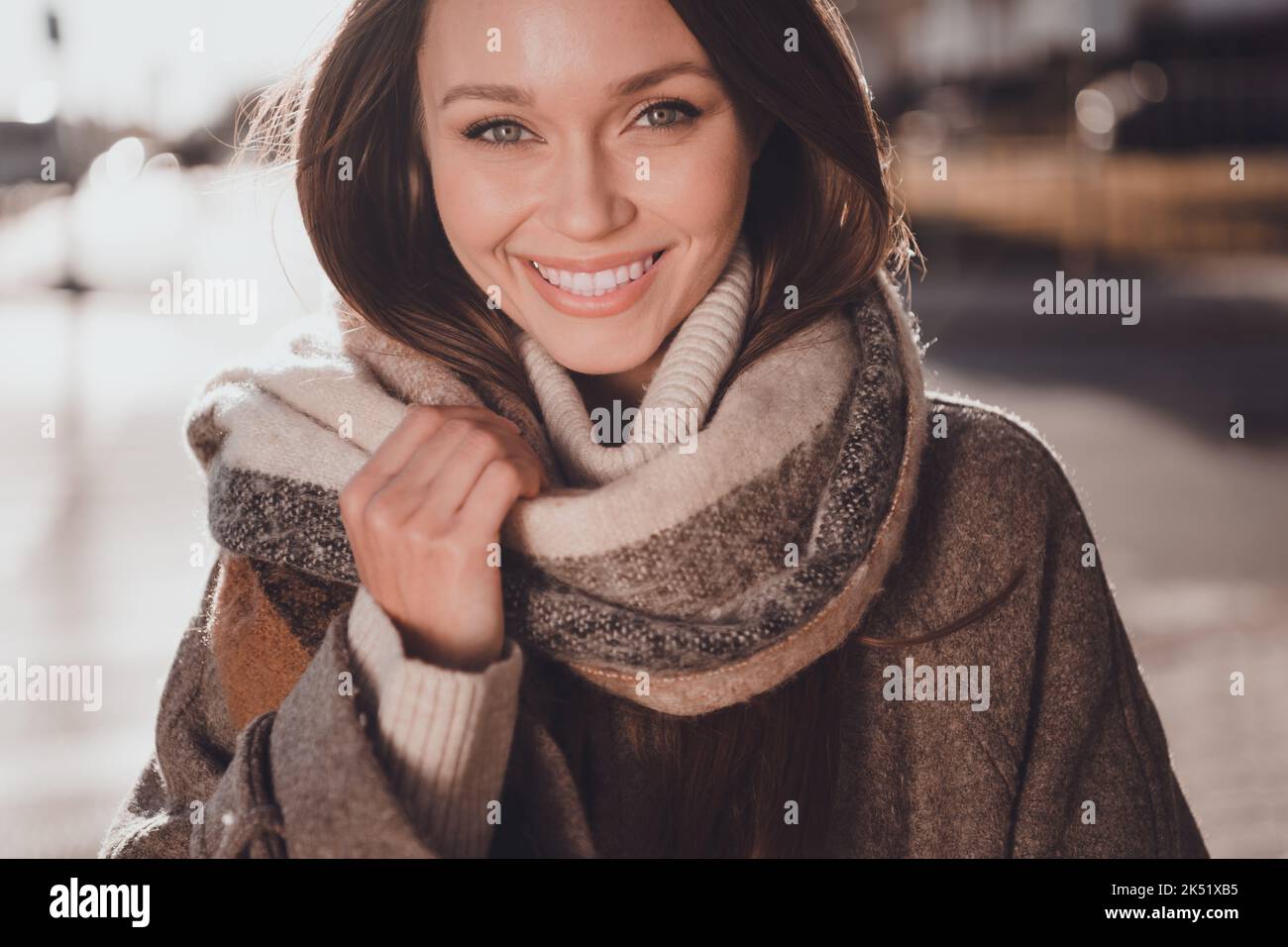 Close up photo of nice good looking lady dressed trendy comfortable ...