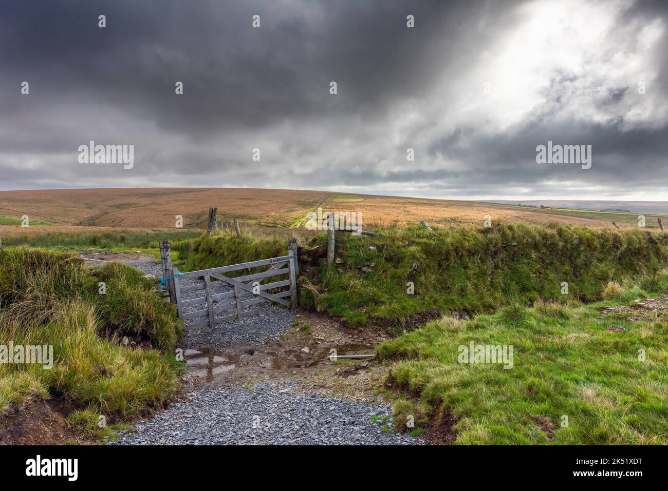 A gate forming part of the Tarka Trail above Pinkery Pond on The Chains ...