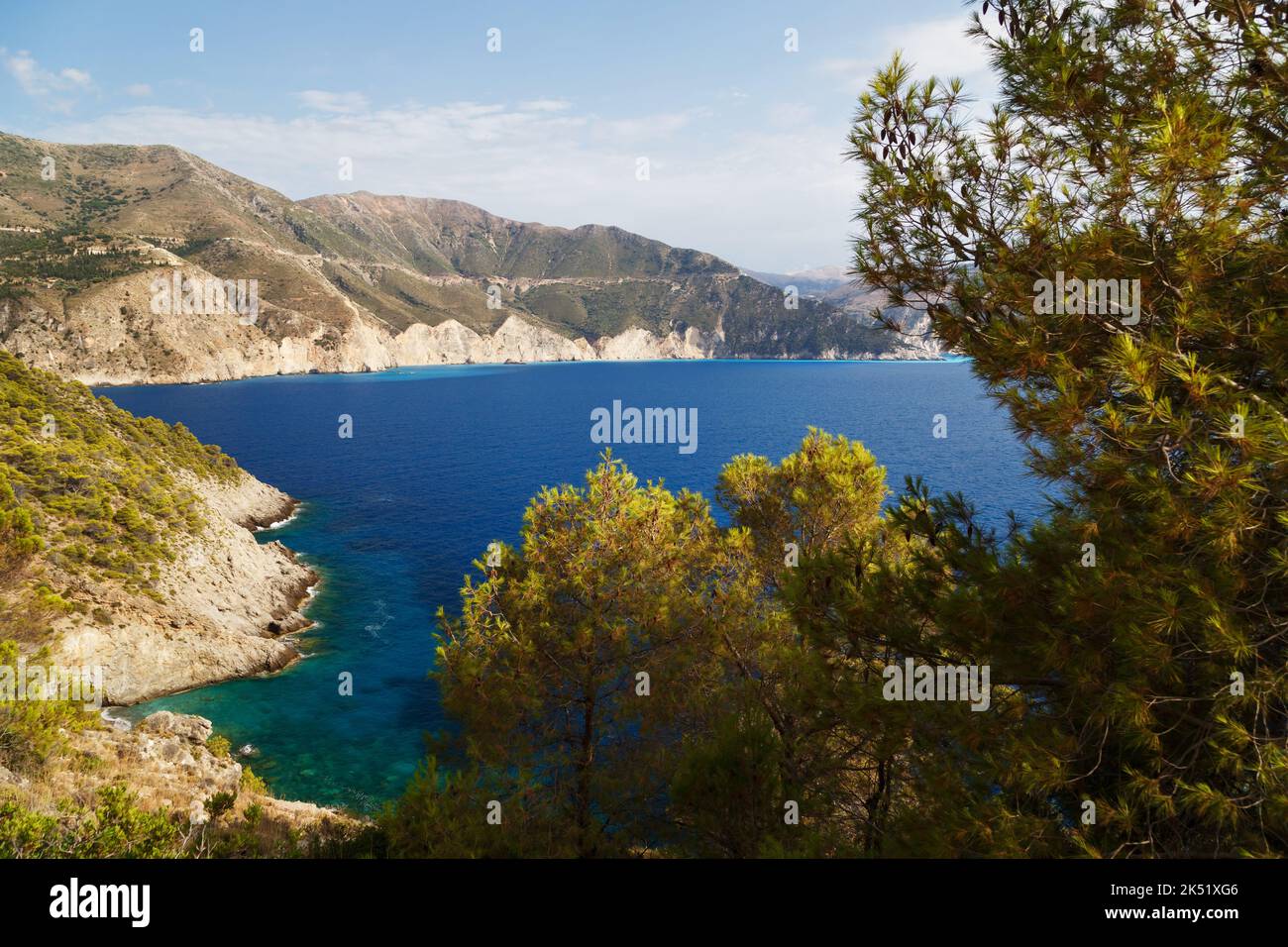 Top view at Asos village, Assos peninsula and blue Ionian Sea water ...