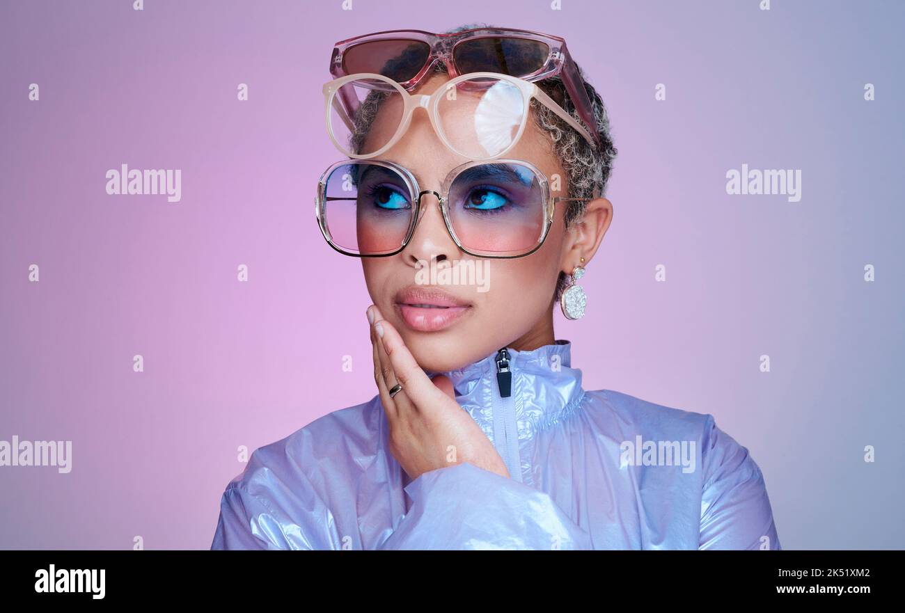 Fashion, black and woman or influencer with sunglasses trendy, cool and ...