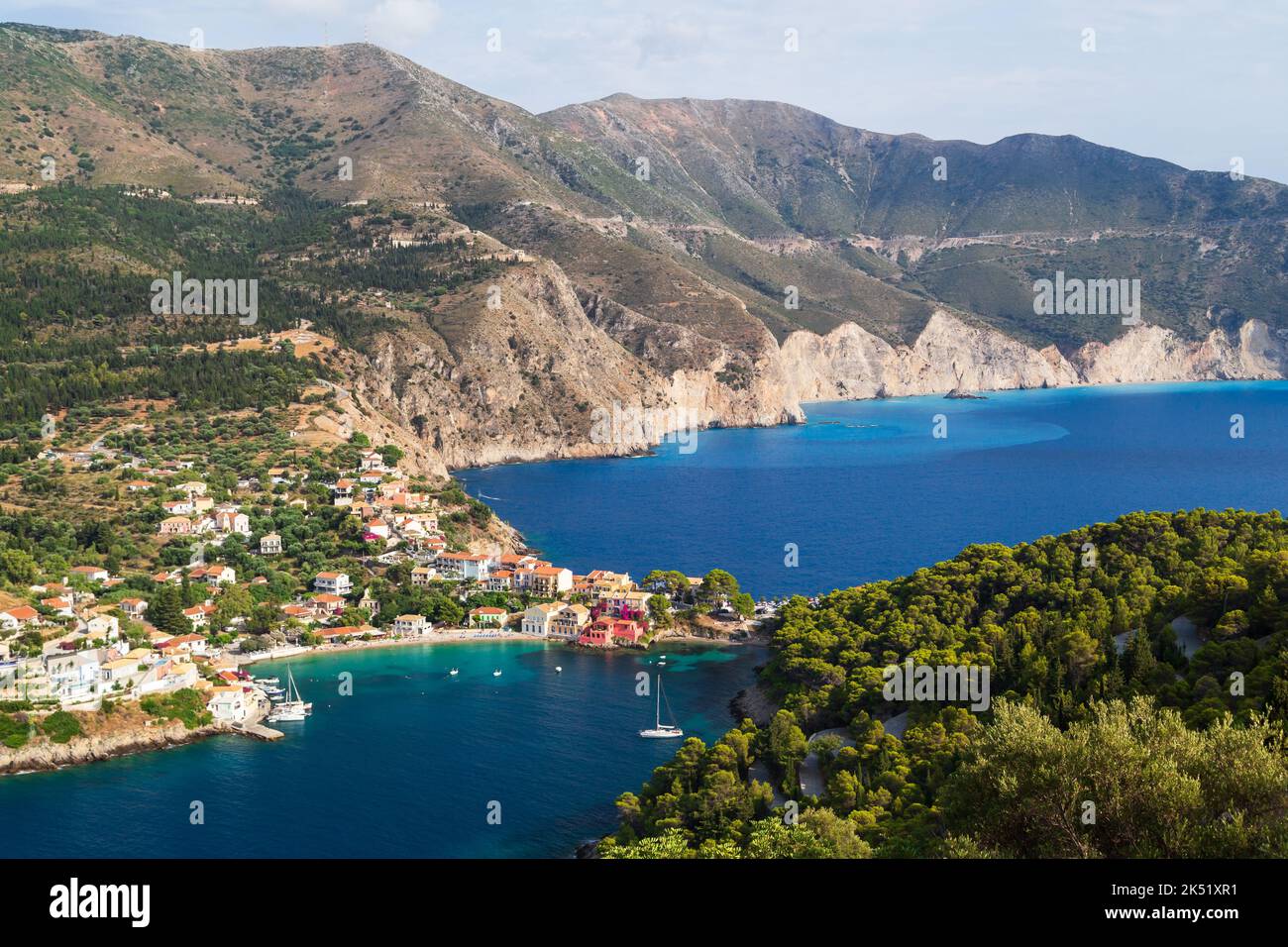 Fantastic top view at Asos village, Assos peninsula and blue Ionian Sea ...