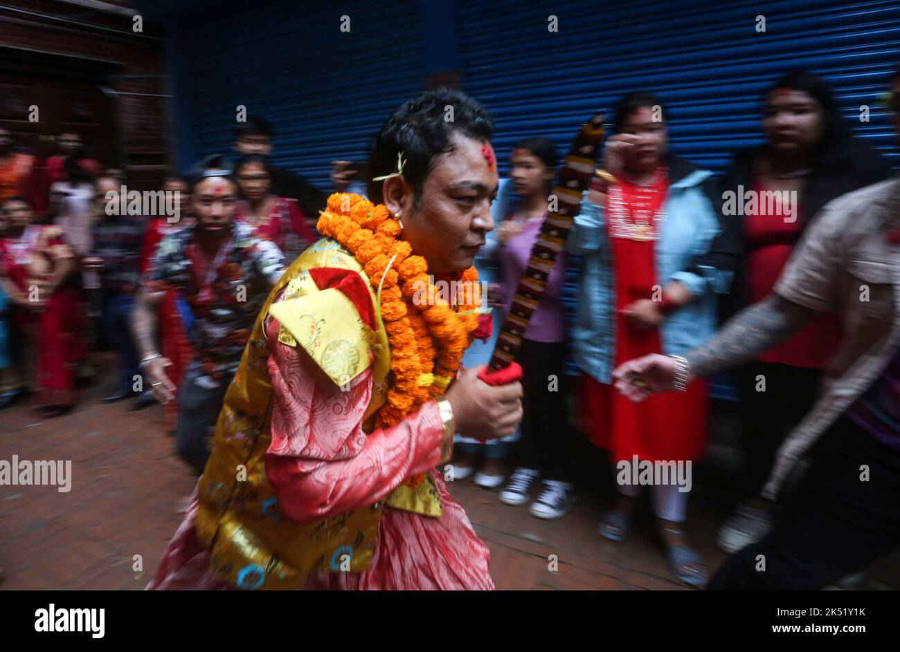 Kathmandu, Bagmati, Nepal. 5th Oct, 2022. A man dressed up as deity ...