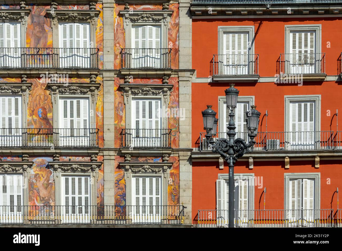Detail of a colorful building on Plaza Mayor (town square) in Madrid ...