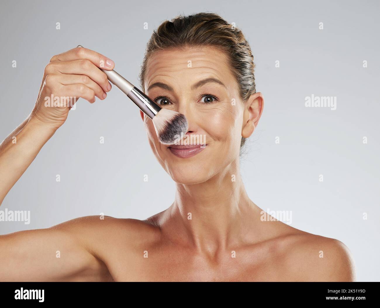 Face makeup, beauty and mature woman with smile for cosmetics care ...