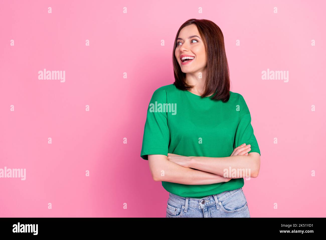 Photo portrait of gorgeous young lady look empty space smile folded ...