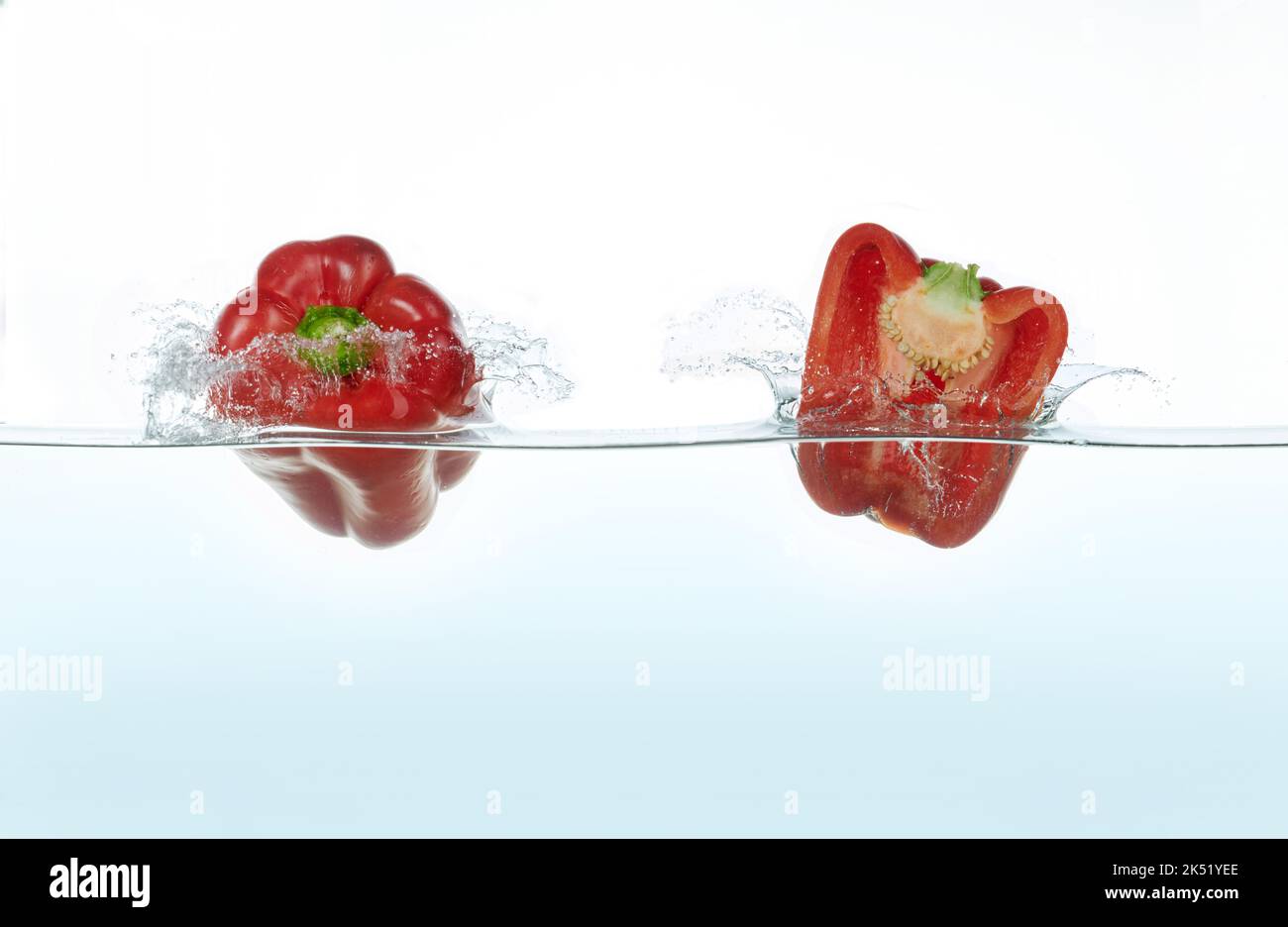 Two red peppers splashing in water. Side view on white background Stock ...