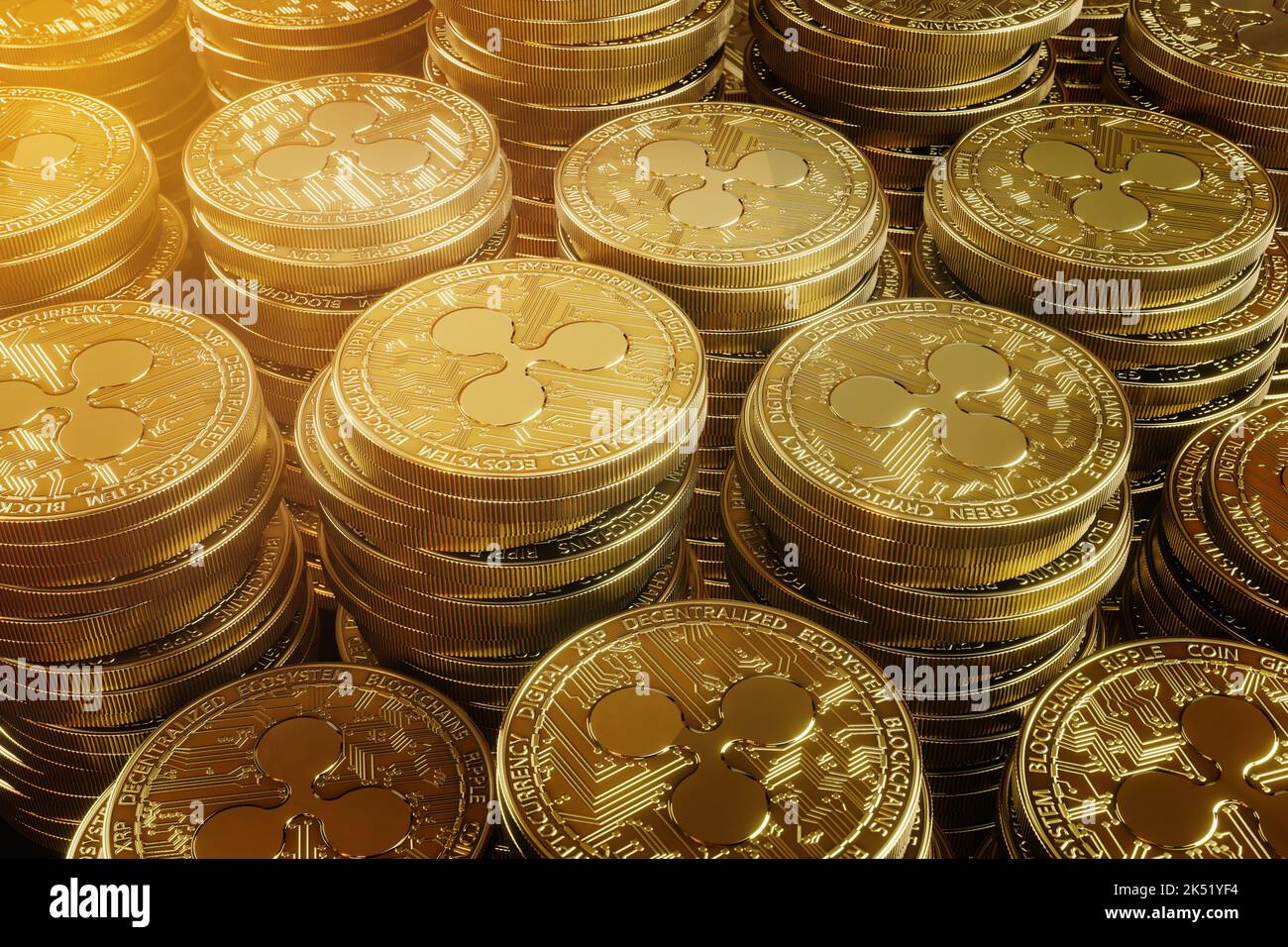 Stacks of Ripple Coins (XRP) in sunlight flare. Illustration of the ...