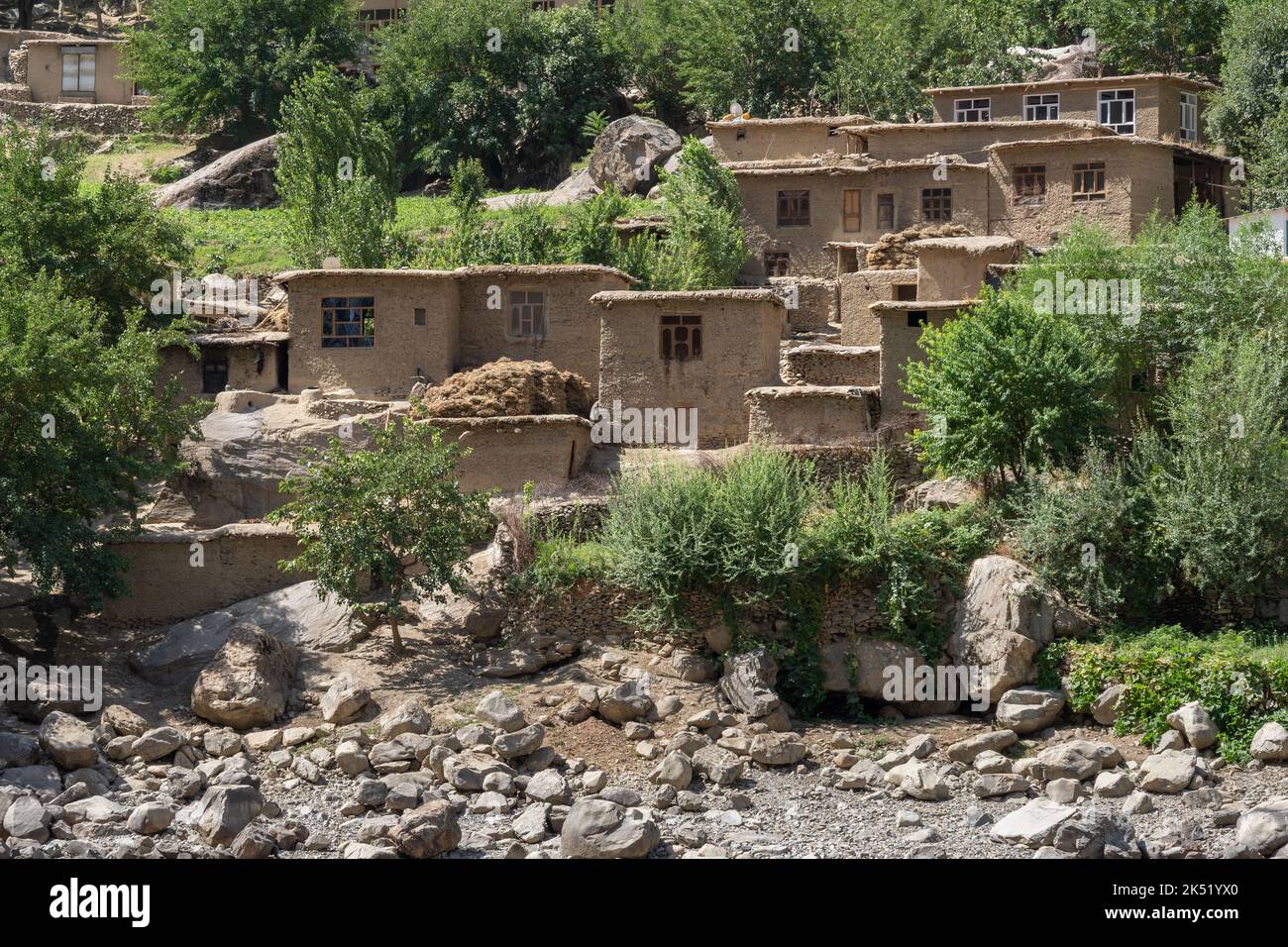 Remote traditional Afghan village in the Panj river valley, taken from ...