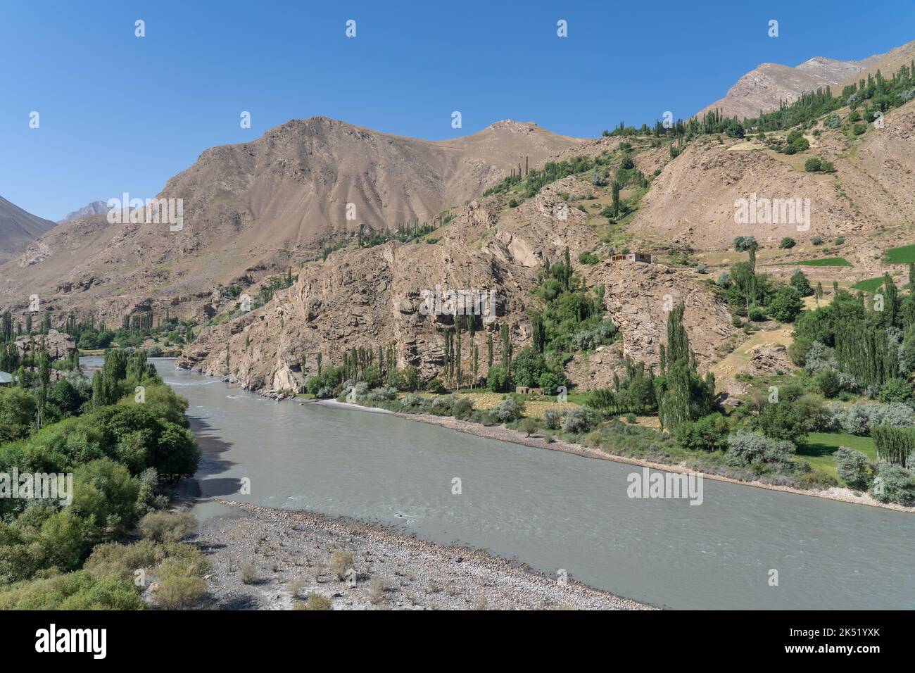 Landscape view of Panj river valley, border between Tajikistan and ...