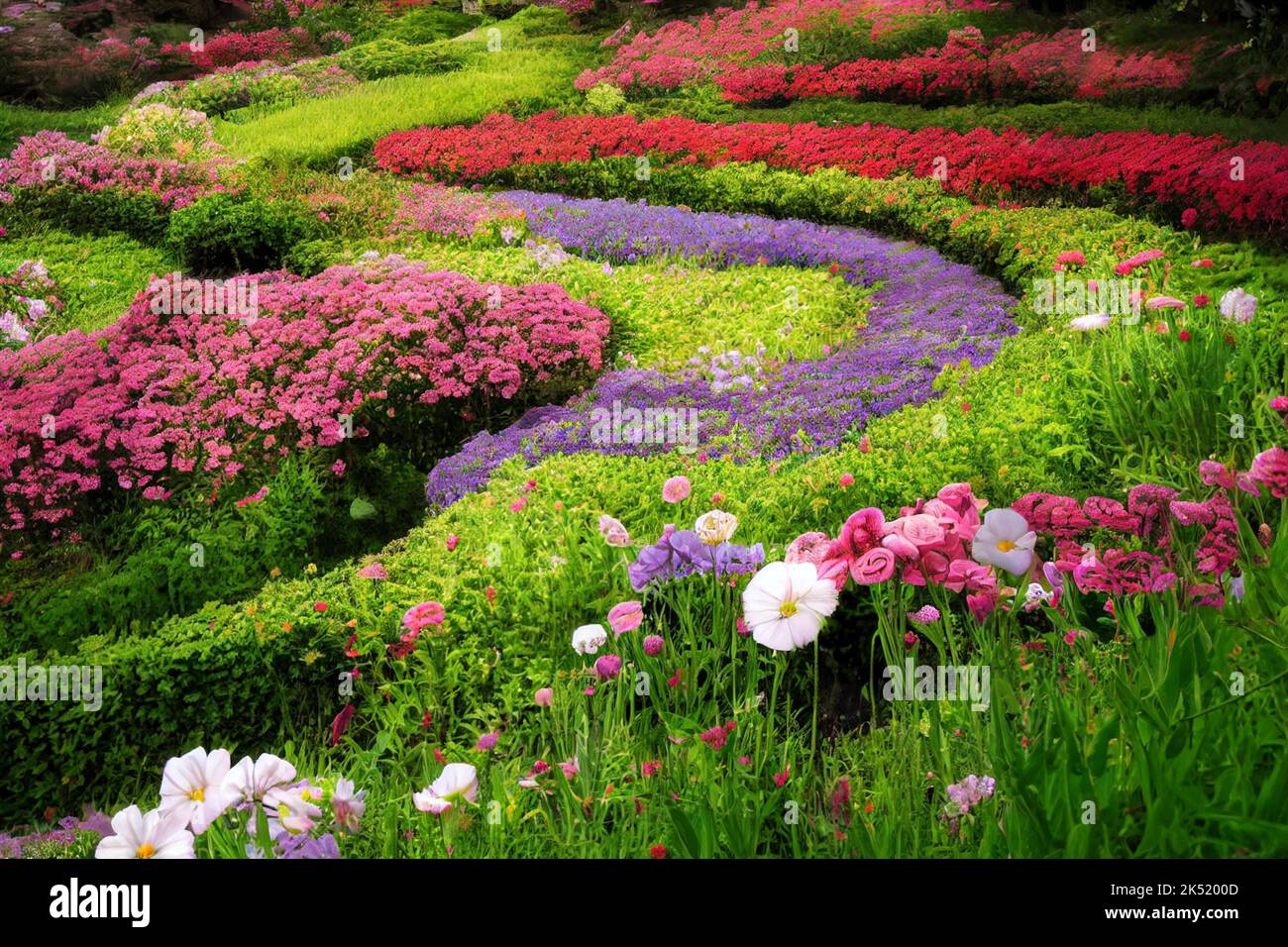 A beautiful garden of different species of flourishing flowers Stock ...
