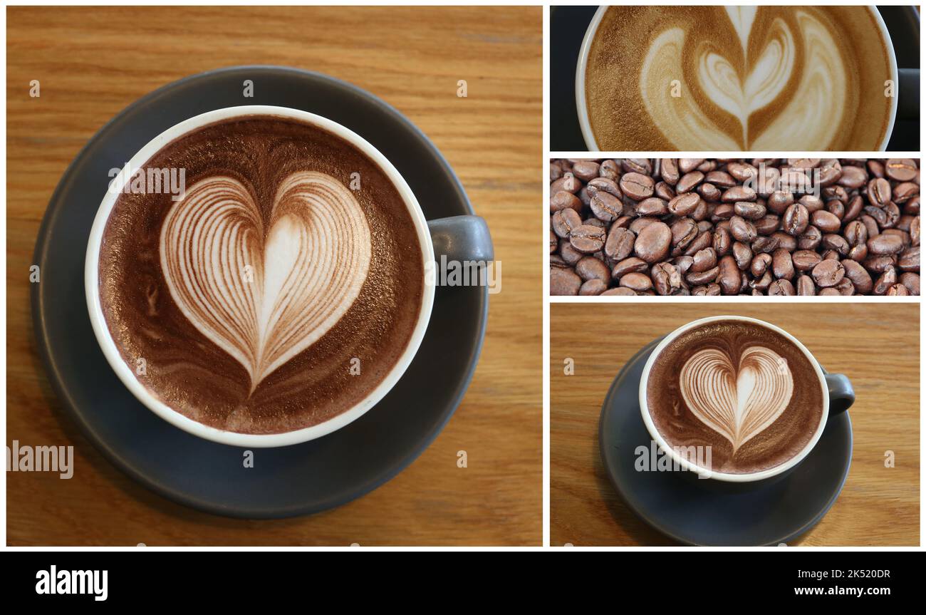Coffee mugs placed on a table in a coffee shop, Latte art in a white ...