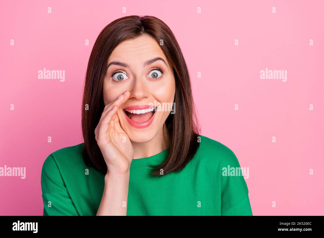 Closeup photo of young surprised lady talk about secret sale shopping ...