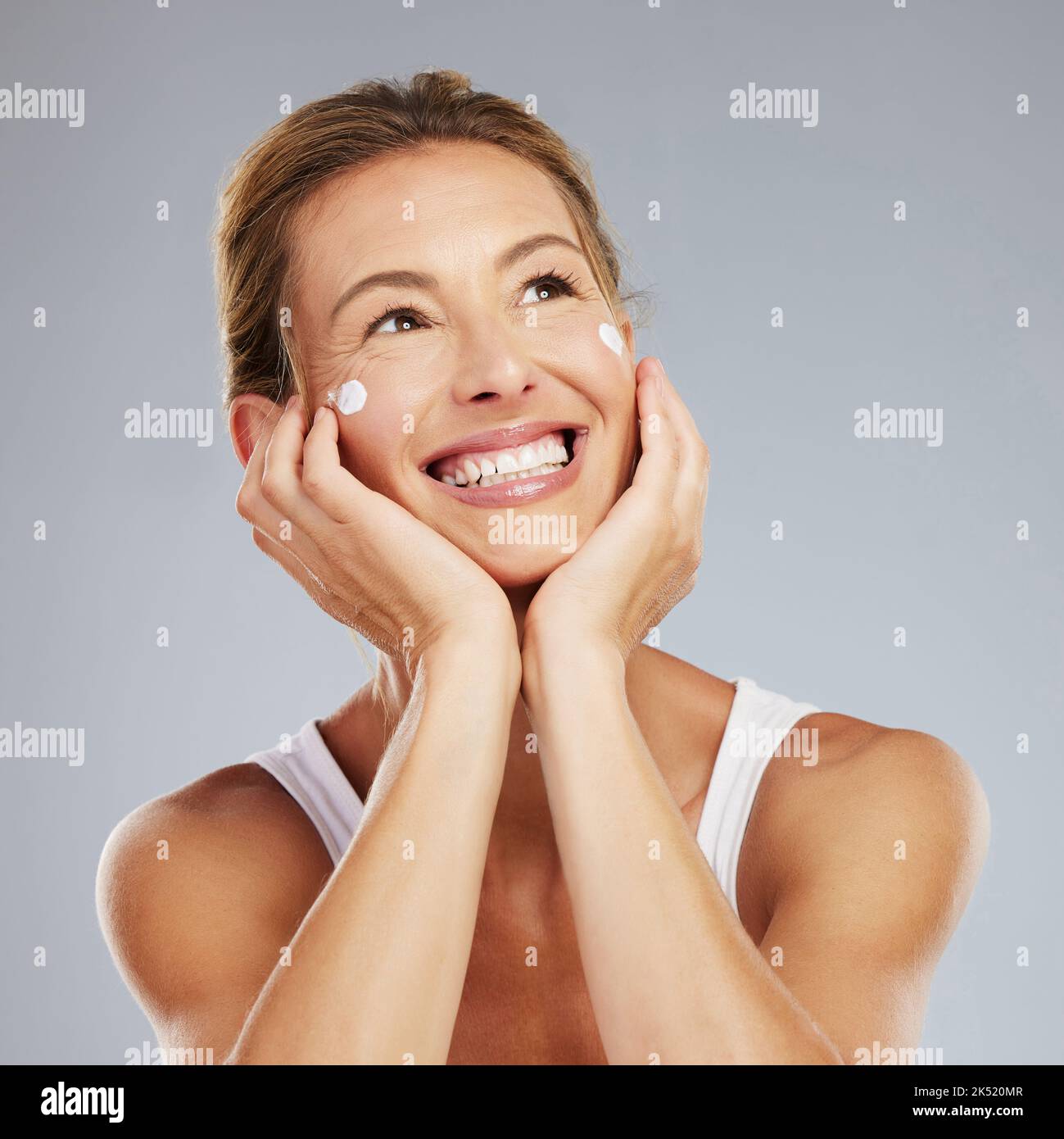 Happy senior woman face, skincare cream for beauty and antiaging ...