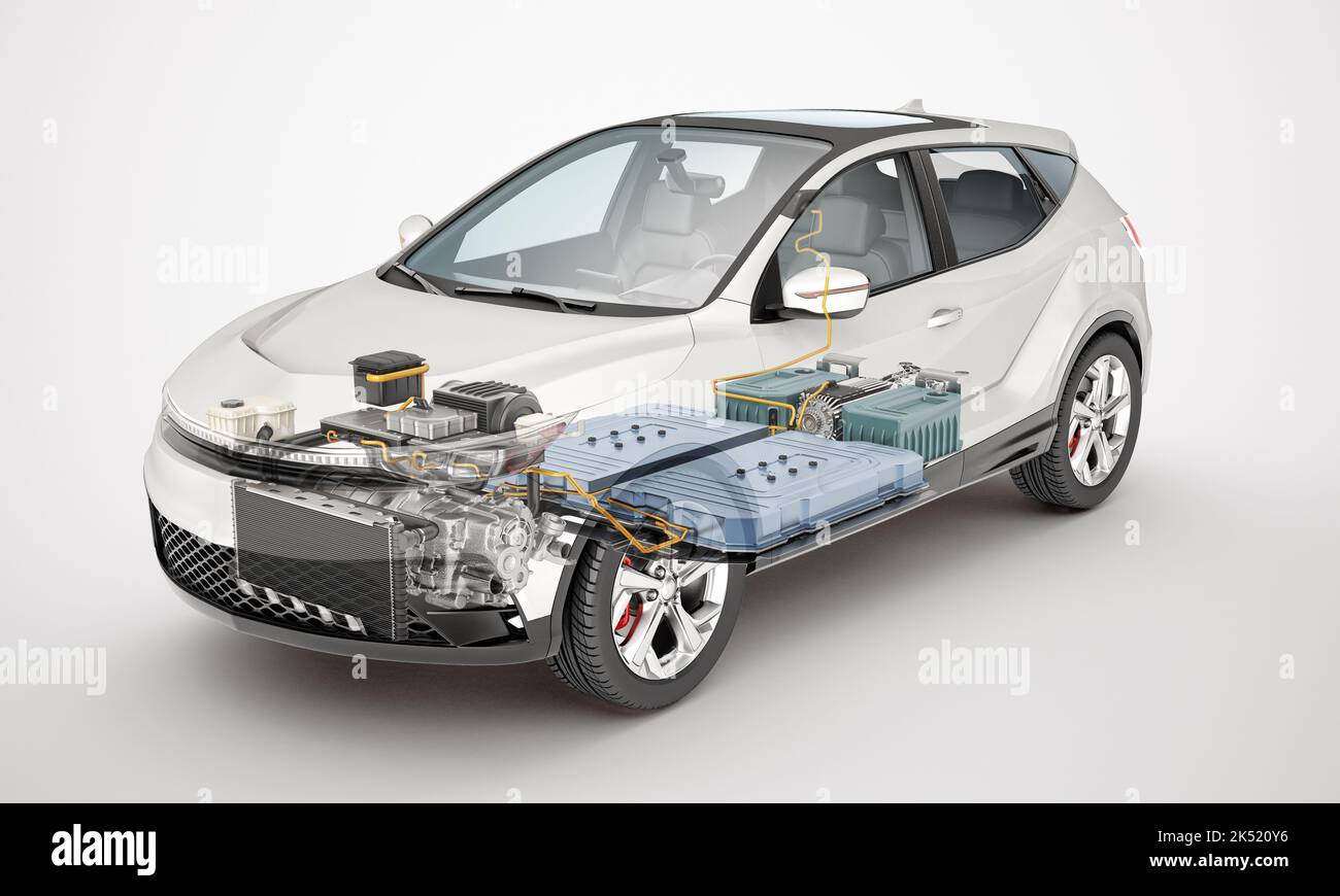 Electric generic car technical cutaway 3d rendering with all main ...