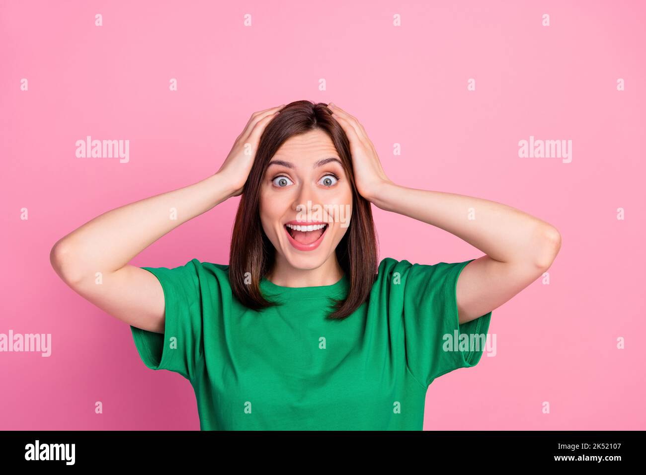 Closeup photo of young adorable funny lady reaction hands hold head wow ...