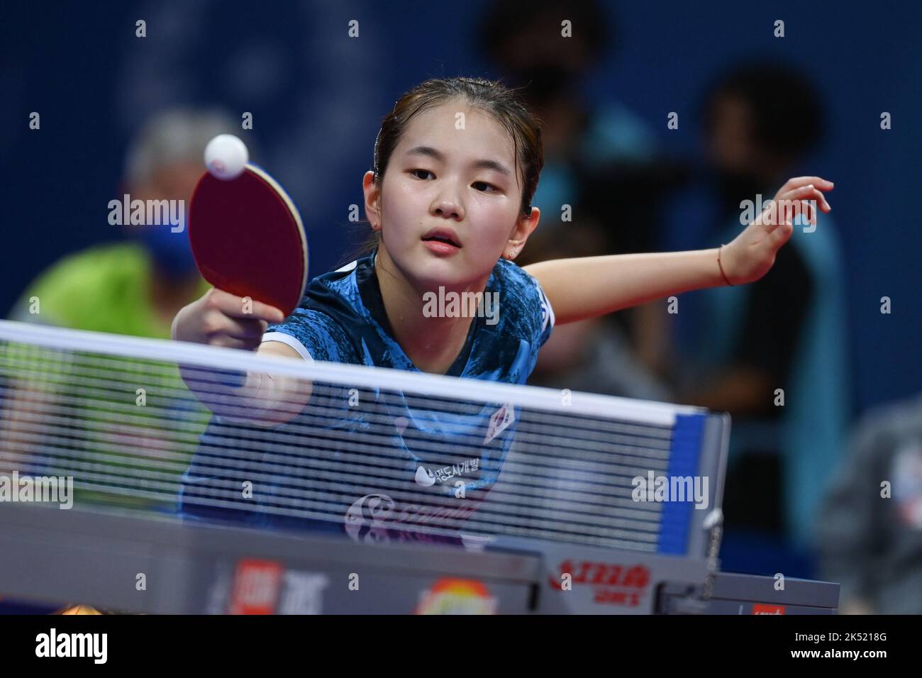 Chengdu, China's Sichuan Province. 5th Oct, 2022. Kim Nayeong of South Korea hits a return ...