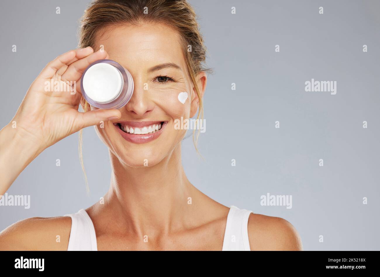 Woman and cream on face portrait for beauty skincare wellness and ...