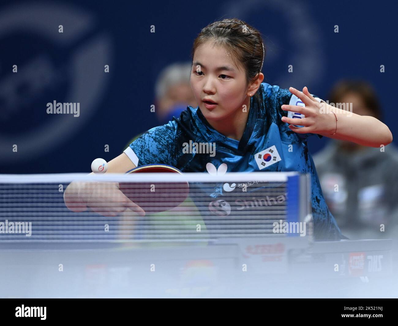 Chengdu, China's Sichuan Province. 5th Oct, 2022. Kim Nayeong of South Korea hits a return ...