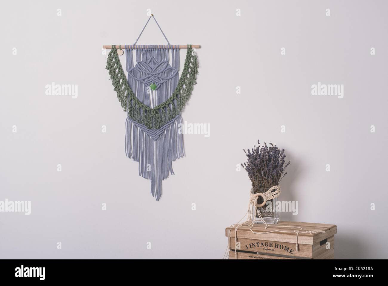 Iris And Green Macramé Wall Hanging Fiber Art Decoration With Lotus Flower Symbol Macrame